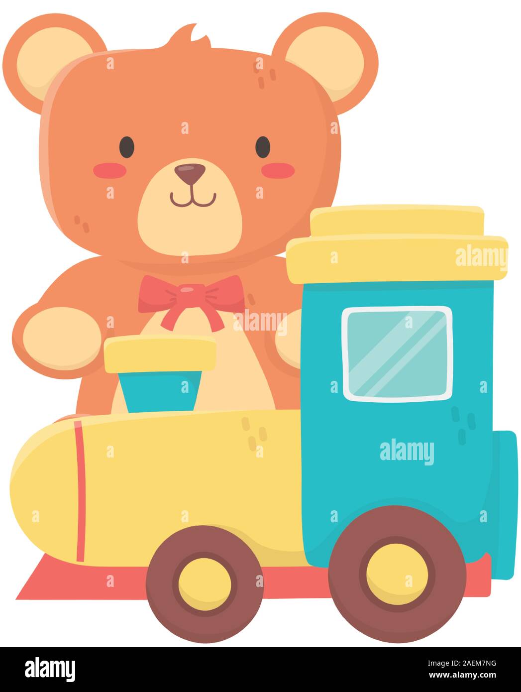 kids toy, teddy bear and plastic train toys on white background vector ...