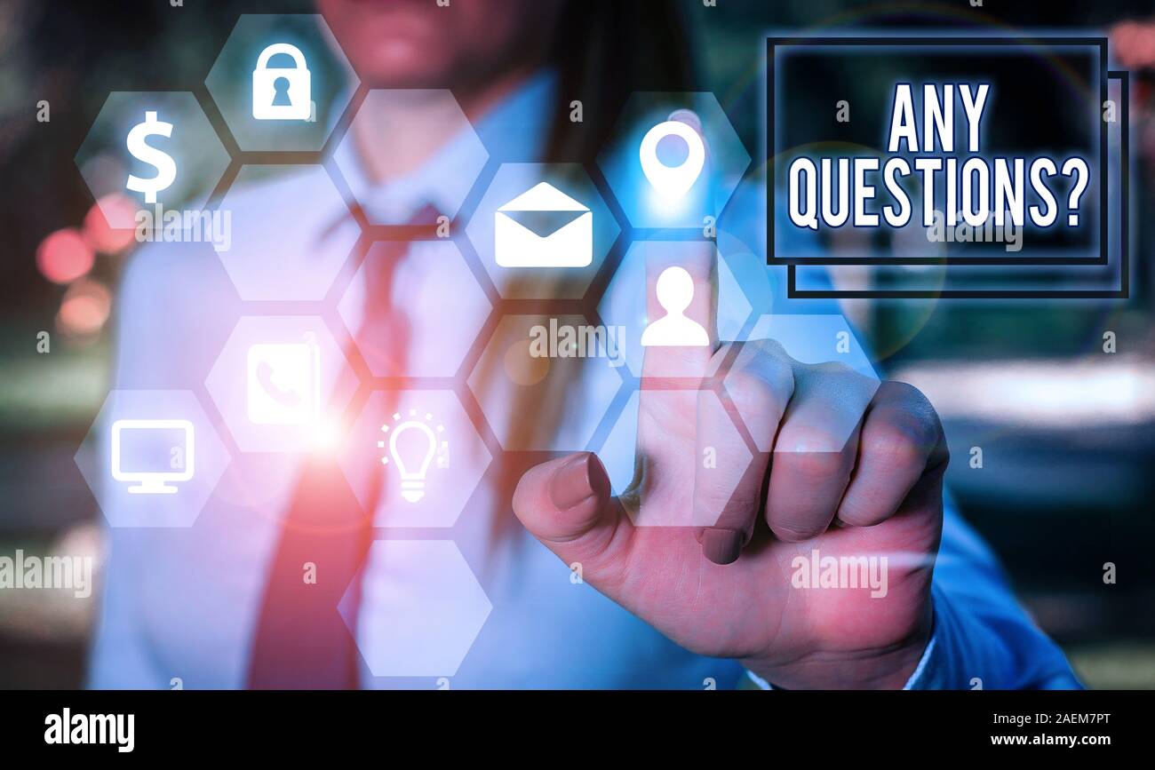 Writing note showing Any Questions Question. Business concept for you ...