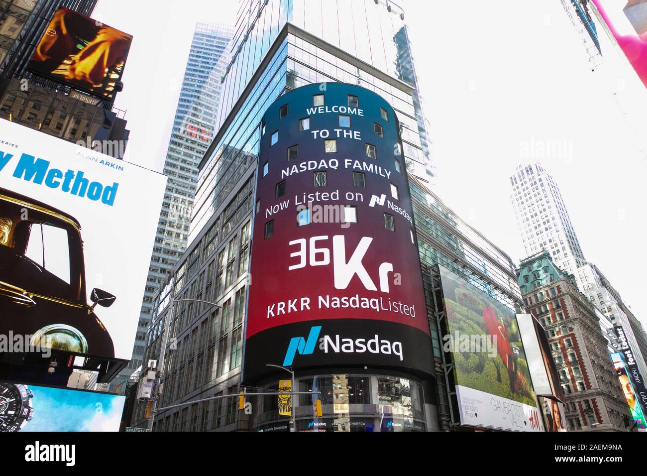 A giant welcome slogan is shown on the Nasdaq LED screen after the ...