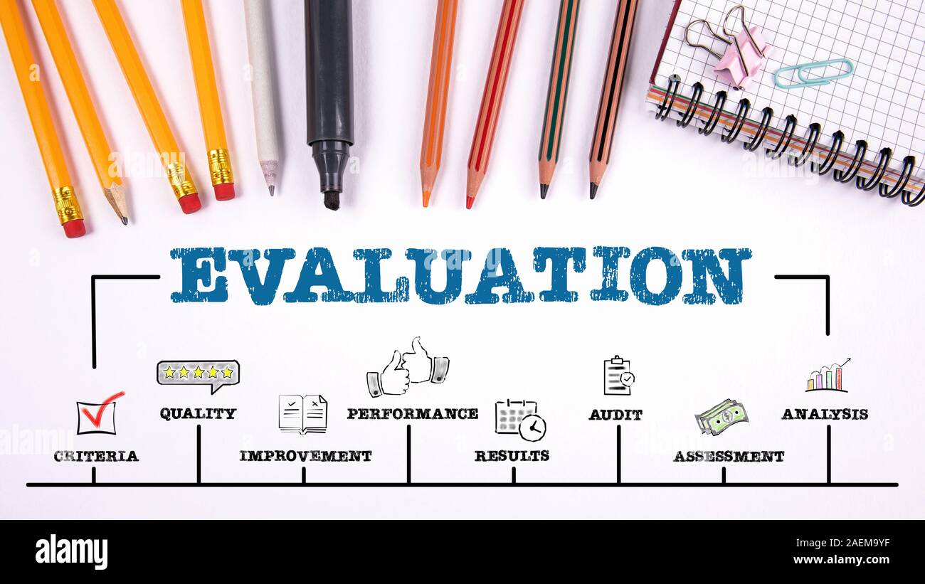 Evaluation concept. Chart with keywords and icons. Office supplies on a ...