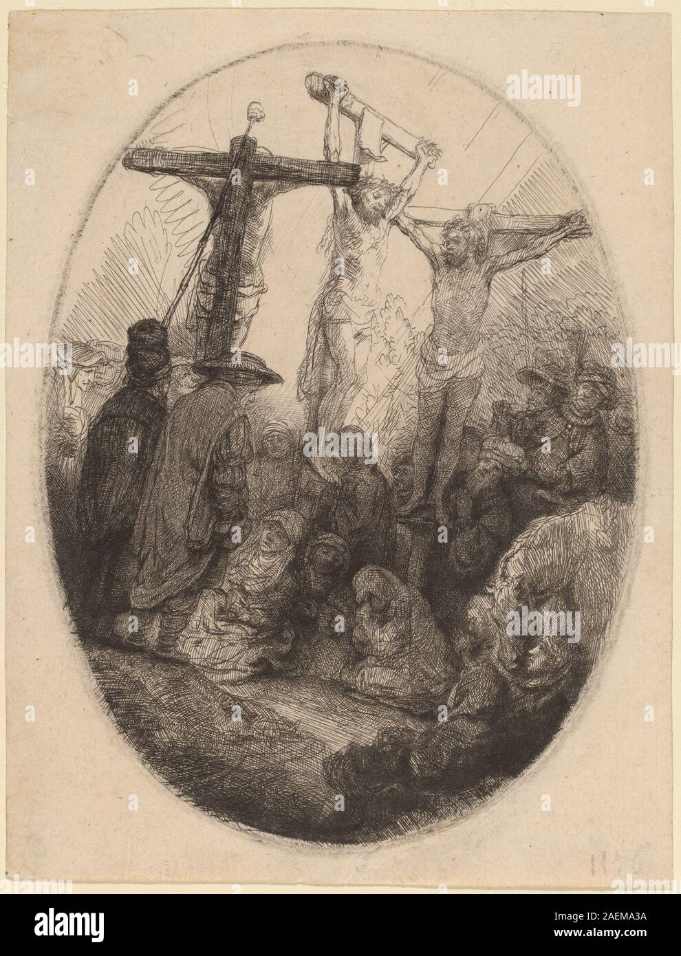 Rembrandt van Rijn, Christ Crucified between the Two Thieves - an Oval Plate, c 1641, Christ ...