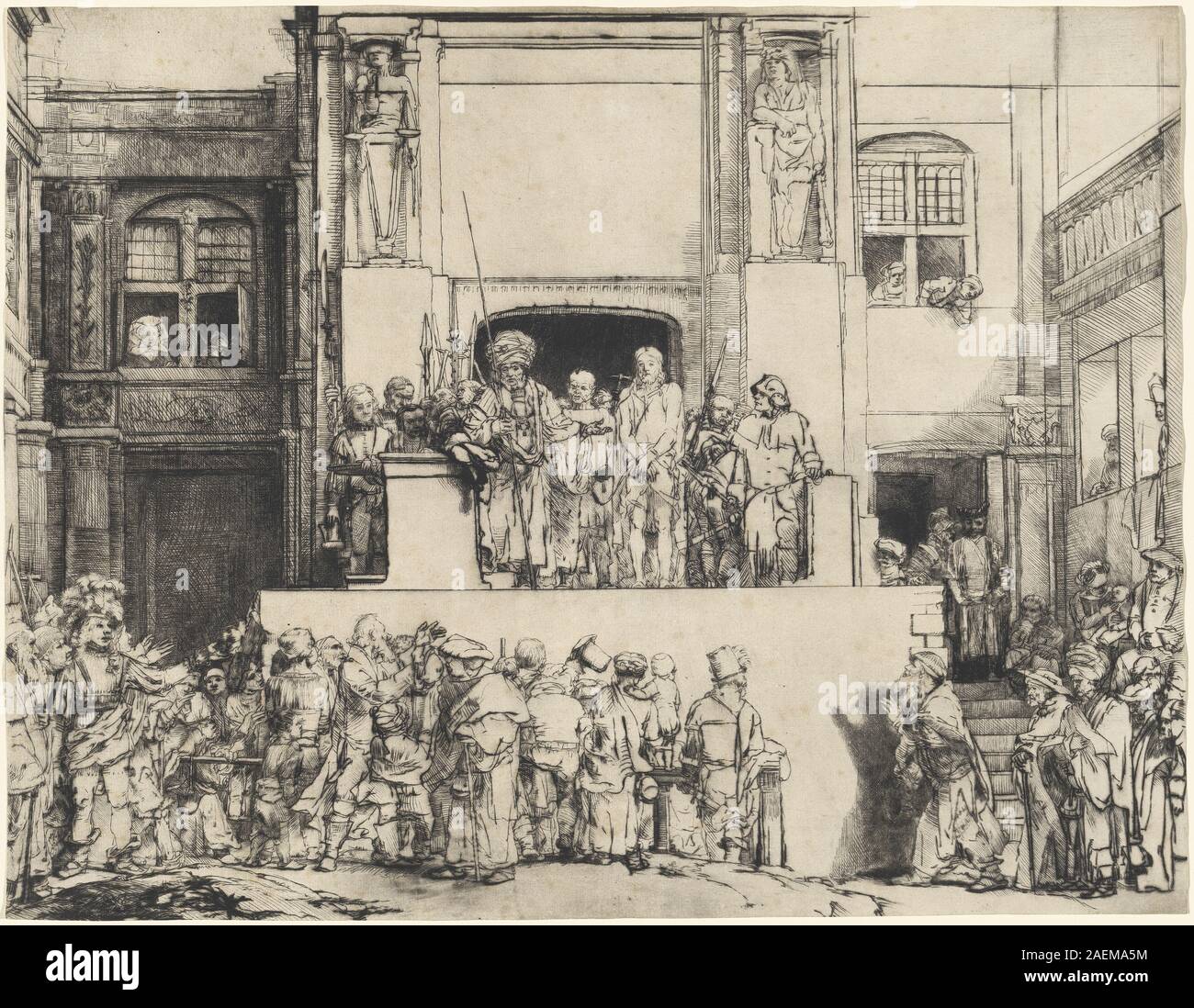 A 1655 oblong plate etching by Rembrandt depicting Christ presented to ...