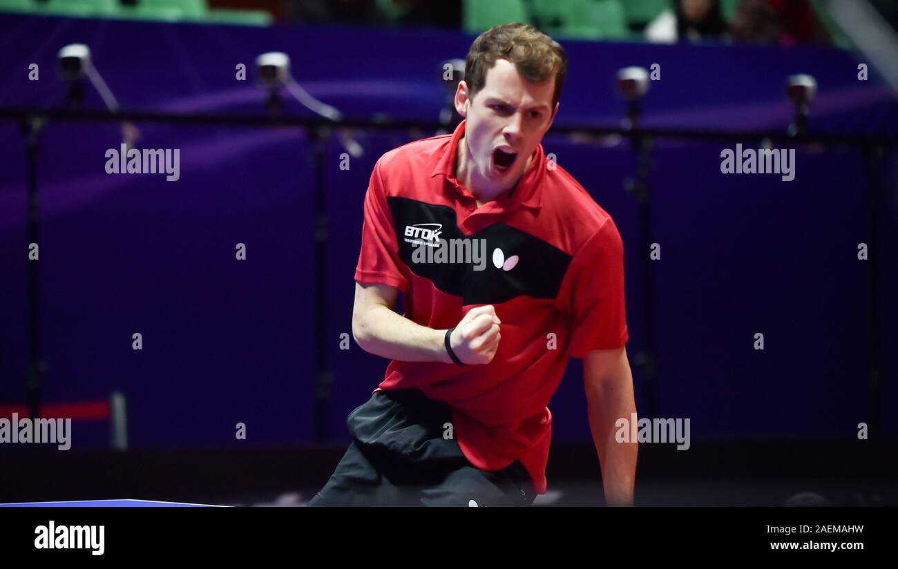 Jonathan Groth of Denmark reacts during a match against Simon Gauzy of ...
