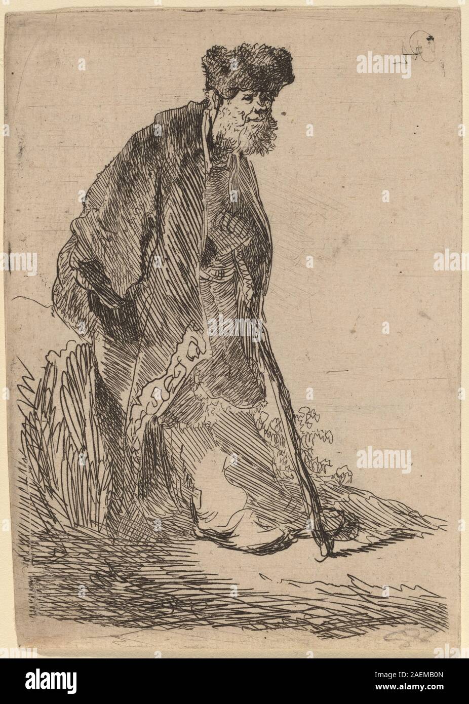 Etching 'Man in a Coat and Fur Cap Leaning against a Bank' by Rembrandt ...