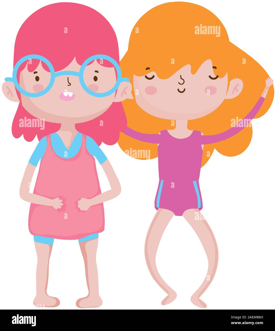 cute little girls happy friends cartoon characters vector illustration ...