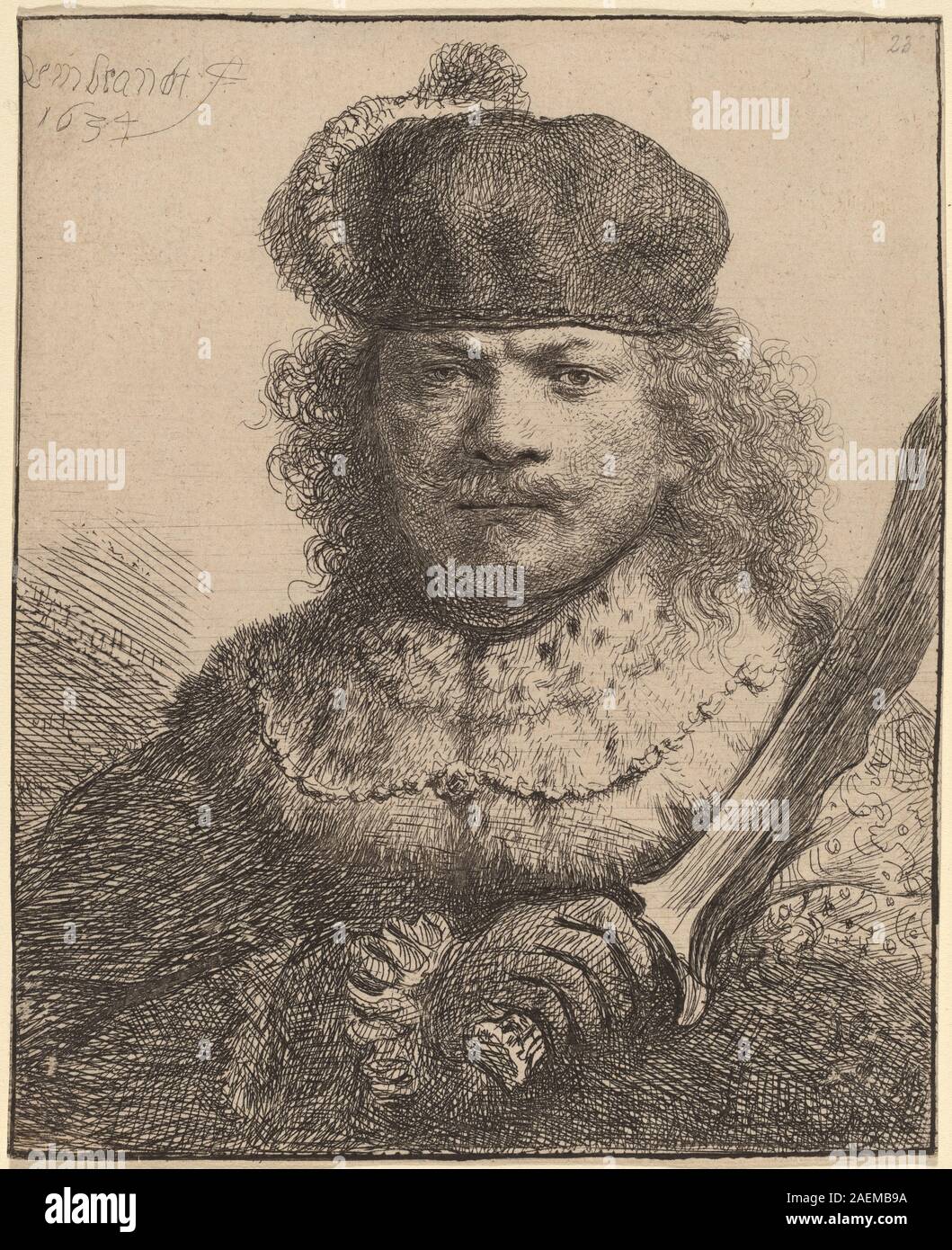 A 1634 self-portrait by Rembrandt van Rijn showing the artist holding a ...