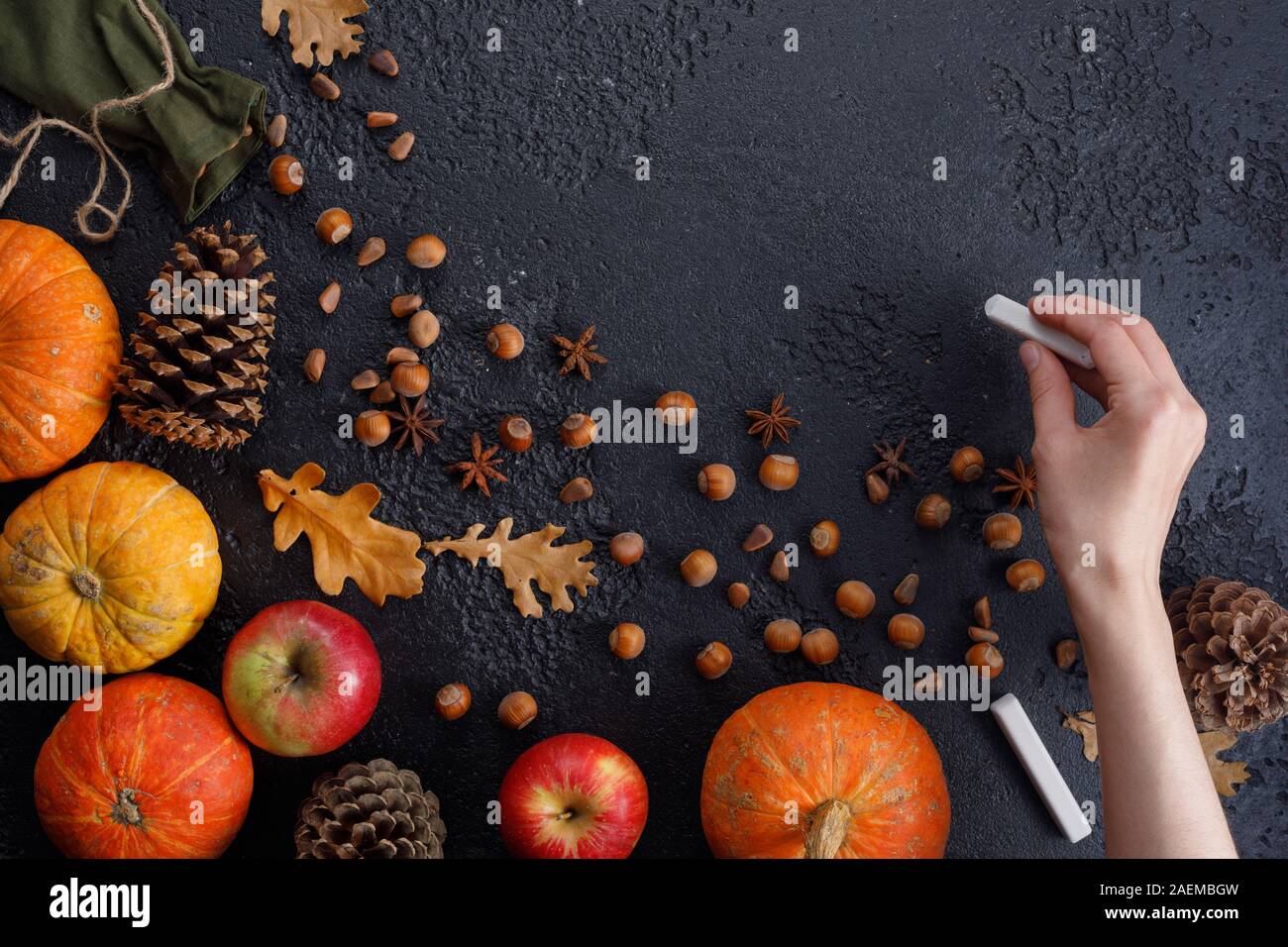 Autumn frame of pumpkins, tree leaves, hazelnuts on a black textural ...