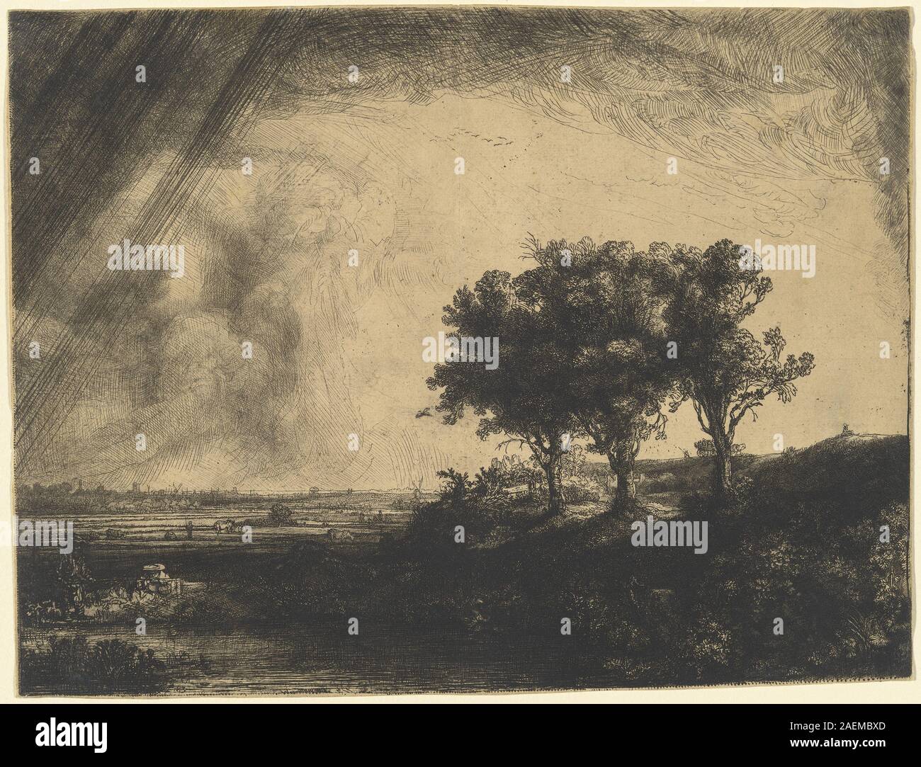 This landscape by Rembrandt van Rijn, 1643, depicts three trees in a ...