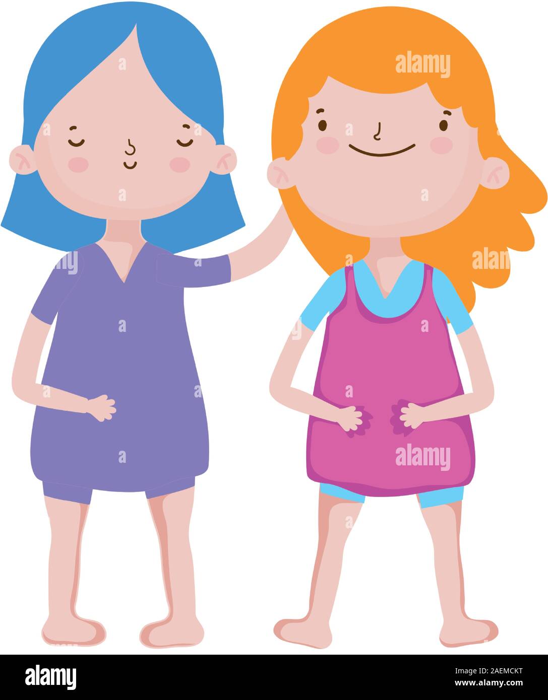 cute little girls happy friends cartoon characters vector illustration ...