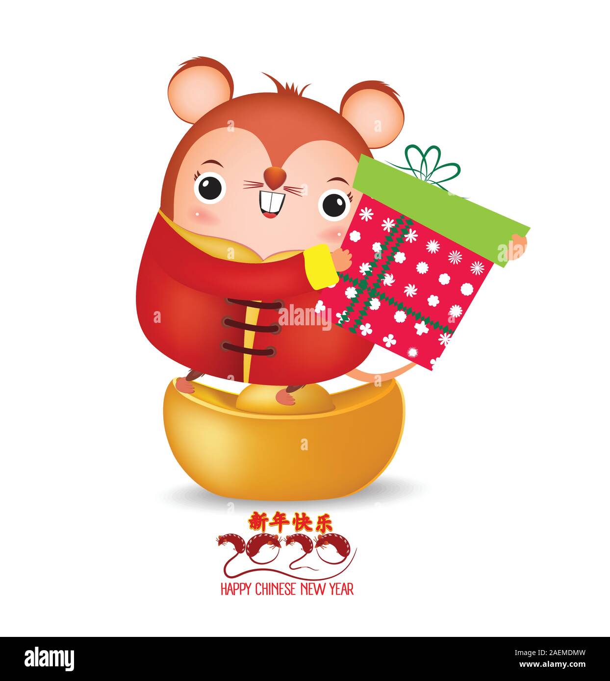 Happy New Year 2020. Little rat with Chinese gift. The year of the rat ...
