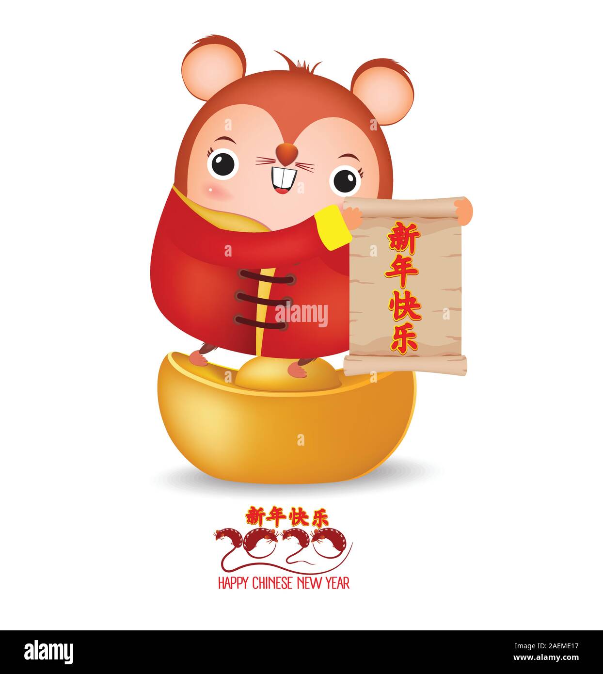 Happy New Year 2020. Little rat with Chinese scroll. The year of the ...