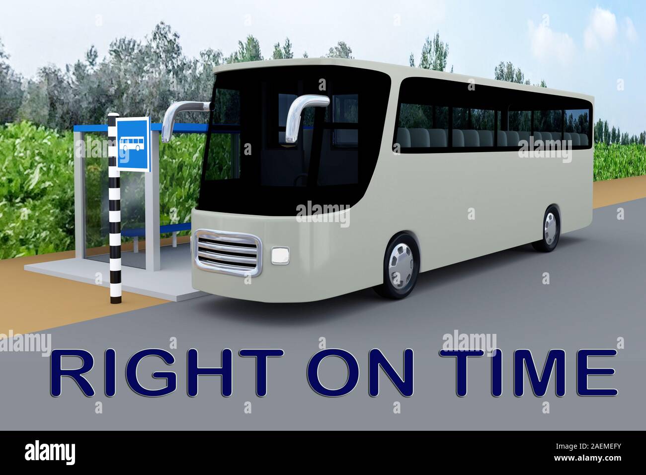 3D illustration of RIGHT ON TIME title, under a bus in a bus station ...