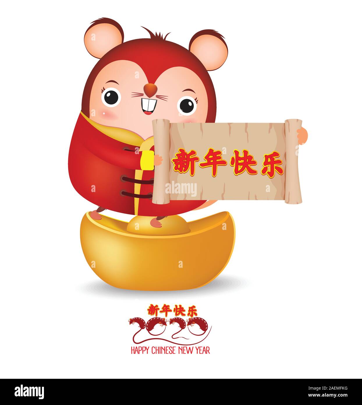 Happy New Year 2020. Little rat with Chinese scroll. The year of the ...