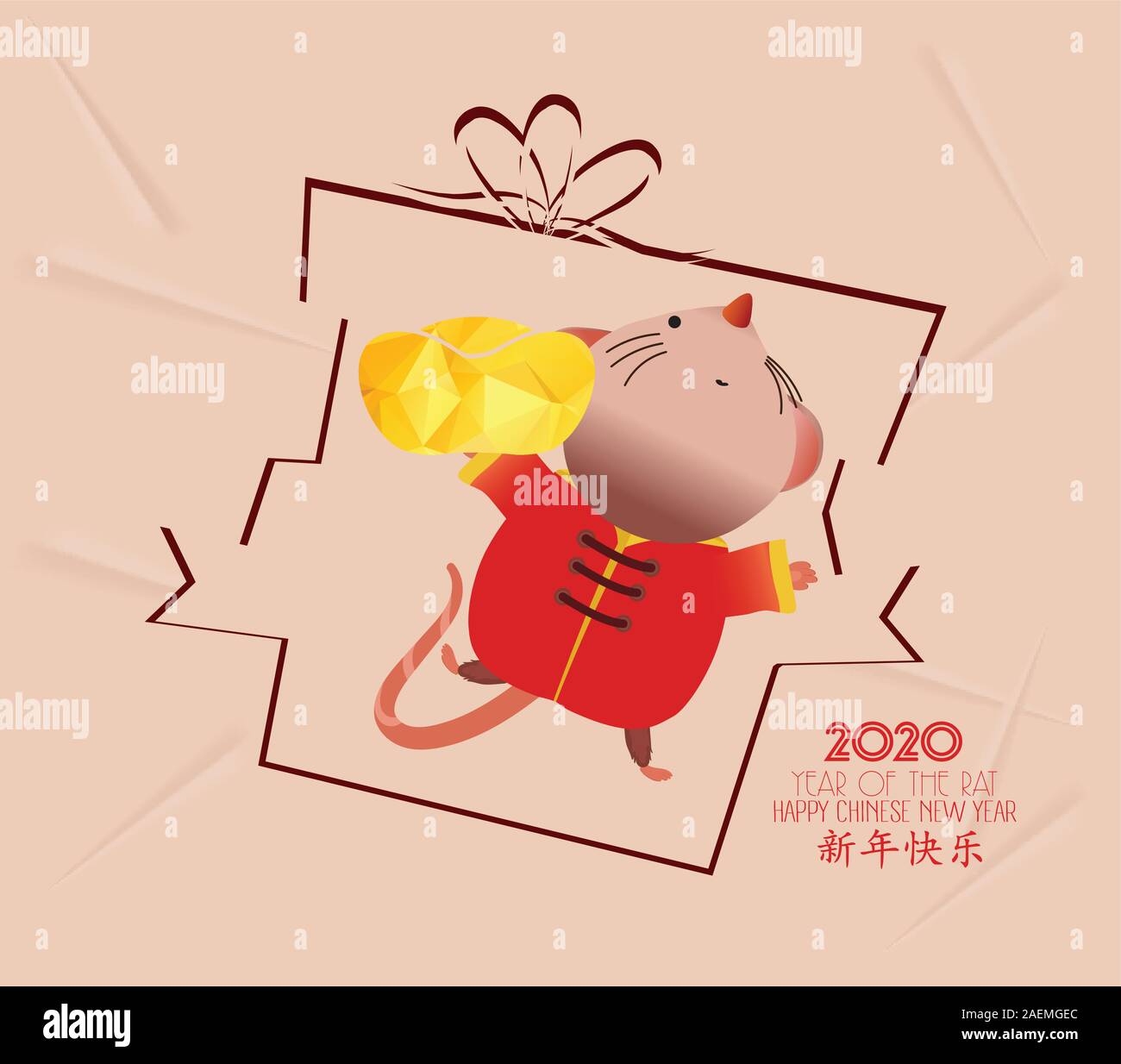 Chinese new year 2020 year of the rat , red and gold paper cut rat ...