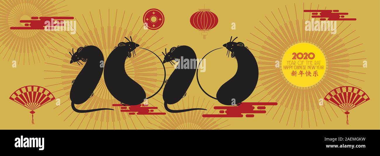 Chinese new year 2020 year of the rat , red and gold paper cut rat ...
