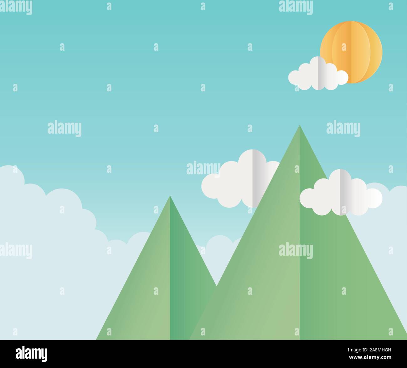 origami paper mountains clouds sun sky background vector illustration ...