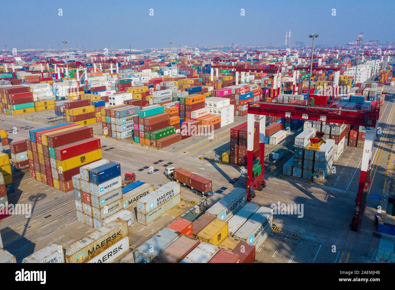 An aerial view of colorful containers stored at Qingdao Port in Qingdao ...