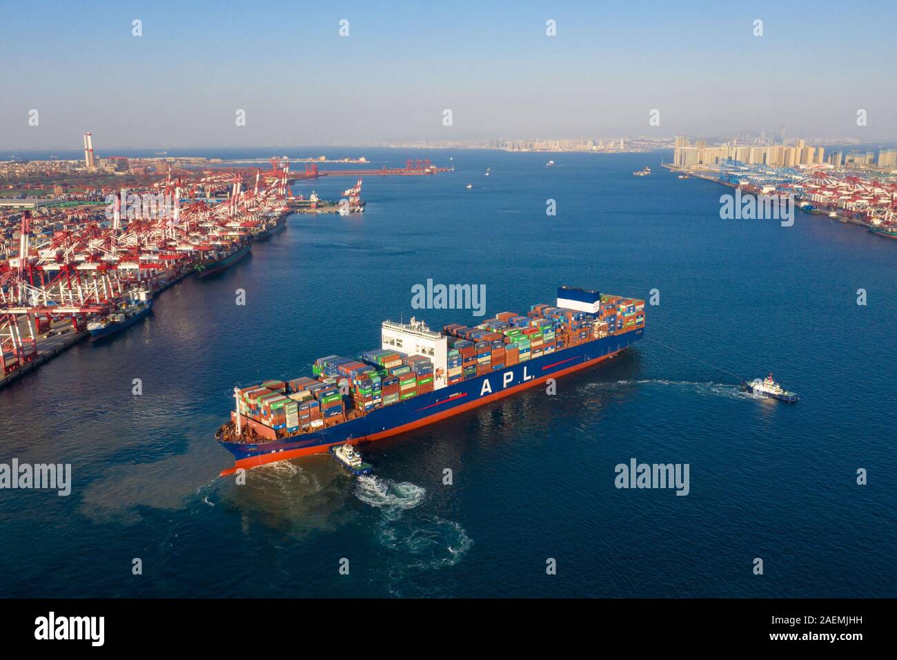 An aerial view of colorful containers to be loaded on vessels for ...