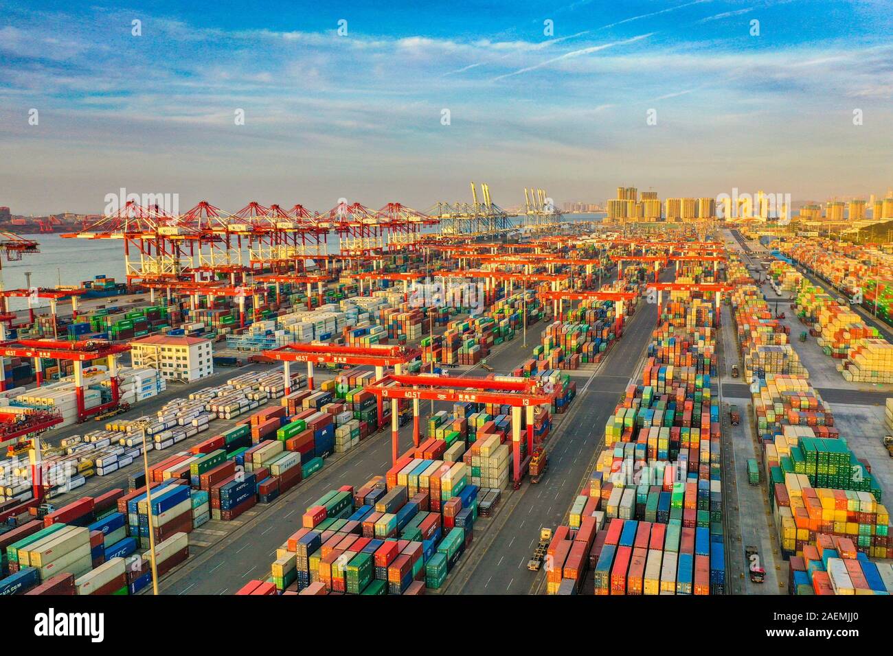 An aerial view of colorful containers stored at Qingdao Port in Qingdao ...