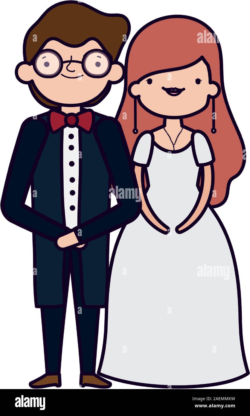 Wedding Couple Bride And Groom In Elegant Suits Cartoon Vector