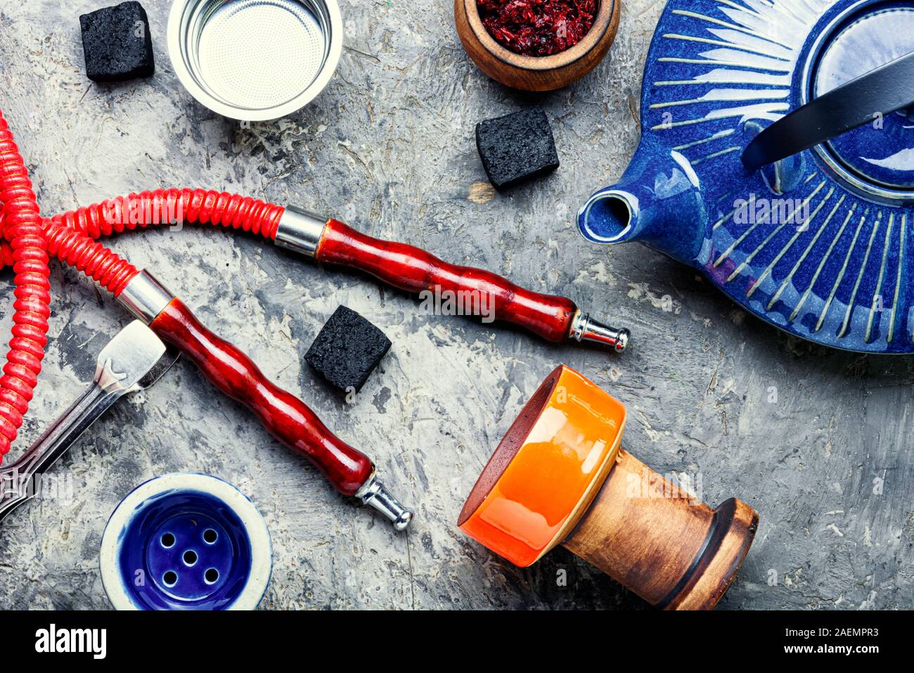 Details of tobacco hookah and teapot with tea.Egyptian smoking shisha ...