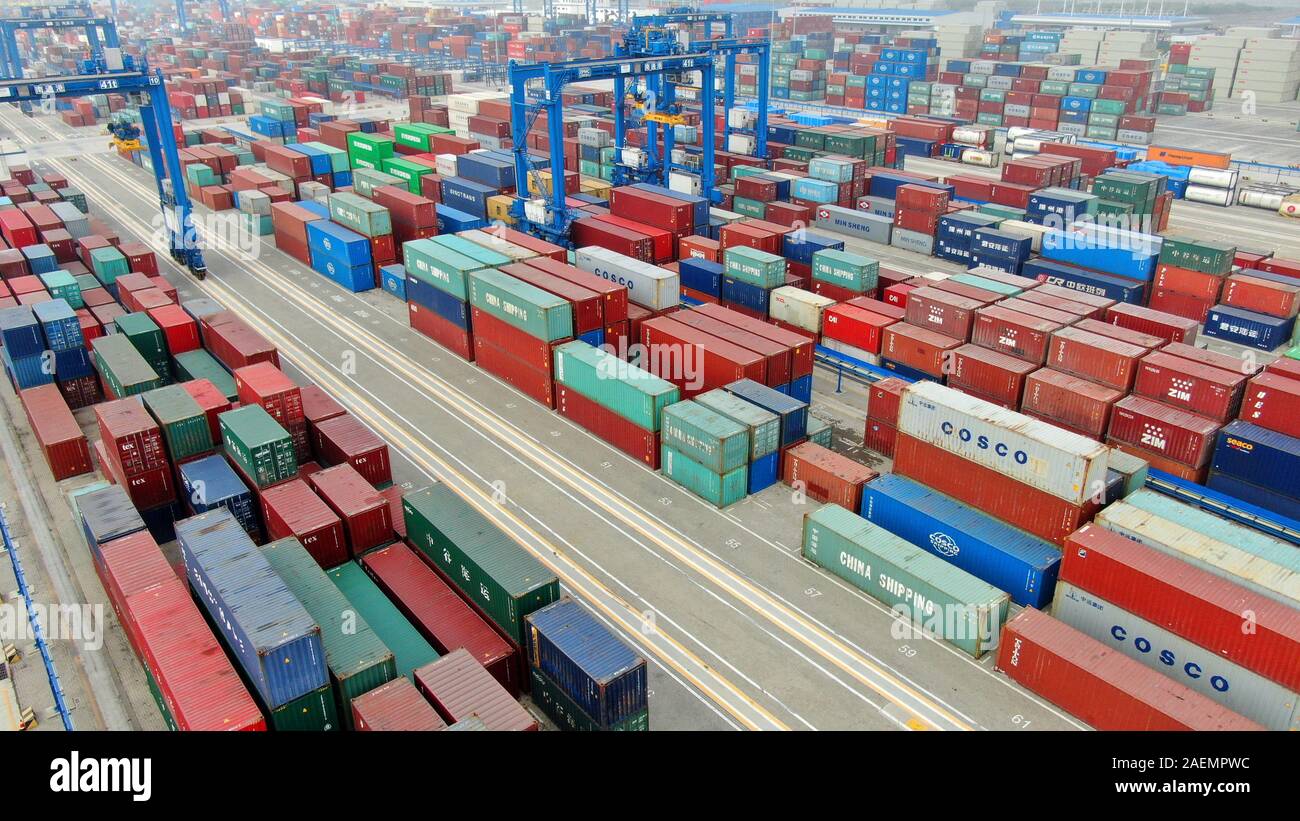 An aerial view of containers stored at Port of Nantong in Nantong city ...
