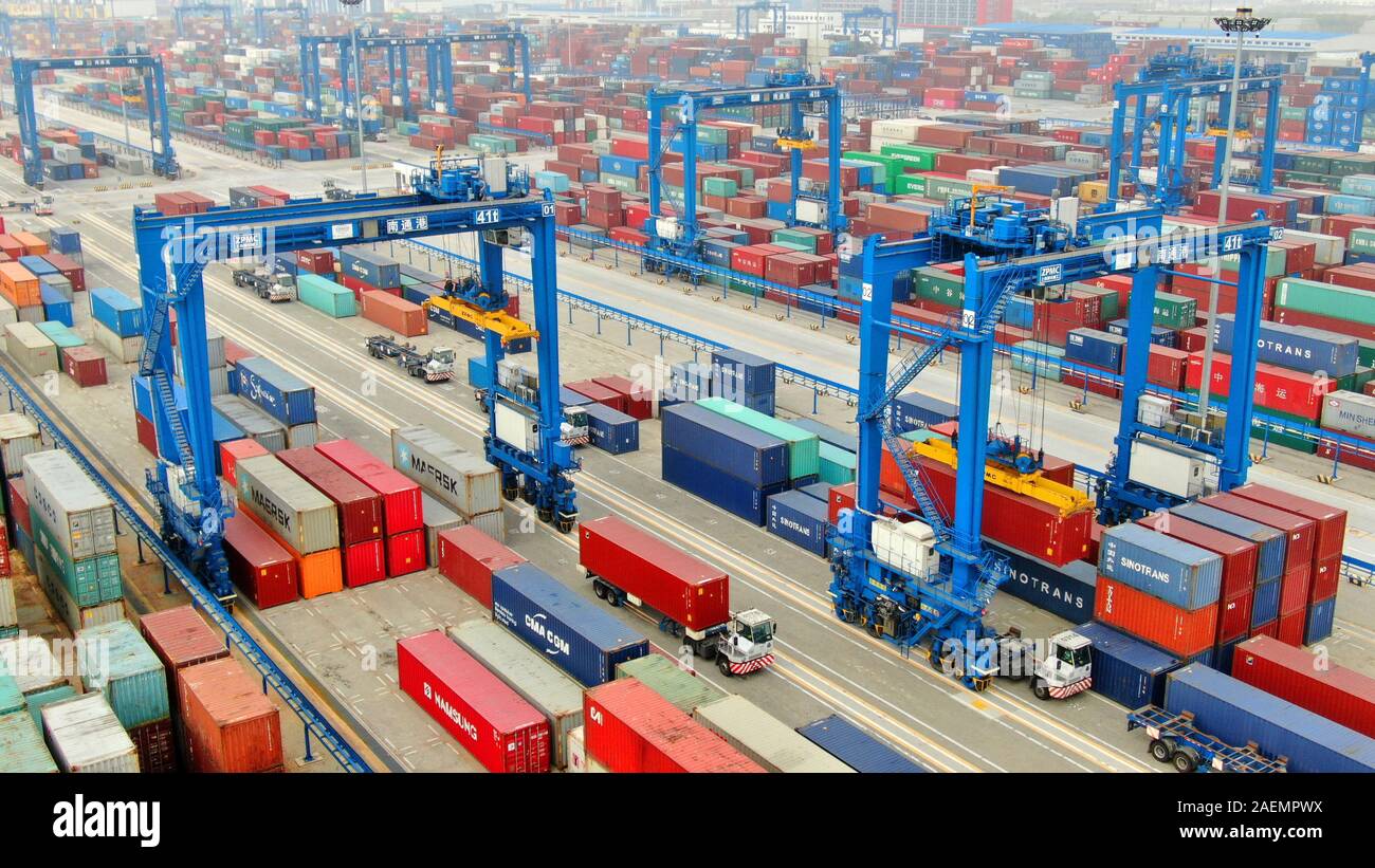 An aerial view of containers stored at Port of Nantong in Nantong city ...