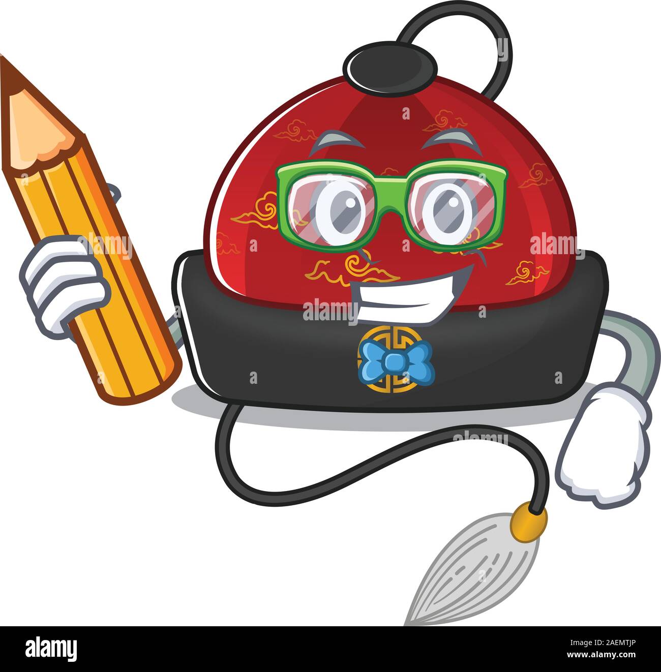 Cool smart Student traditional chinese hat character holding pencil ...