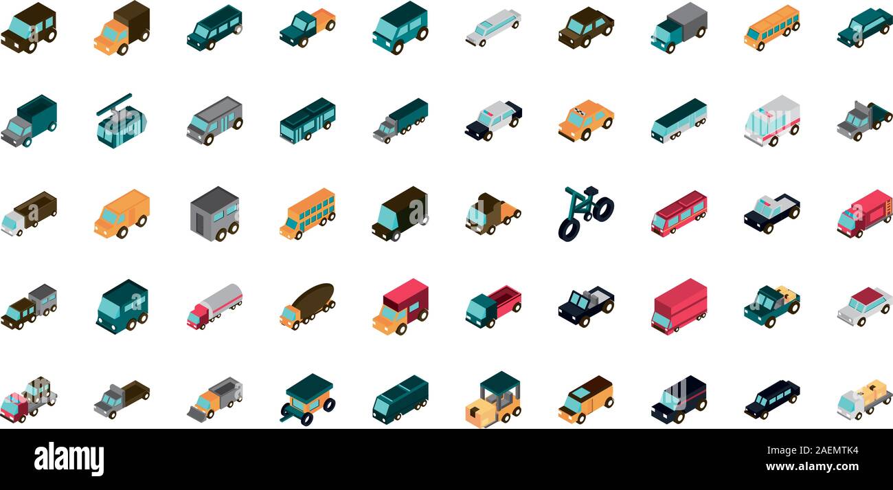 transport car truck vehicles isometric icons set vector illustration ...