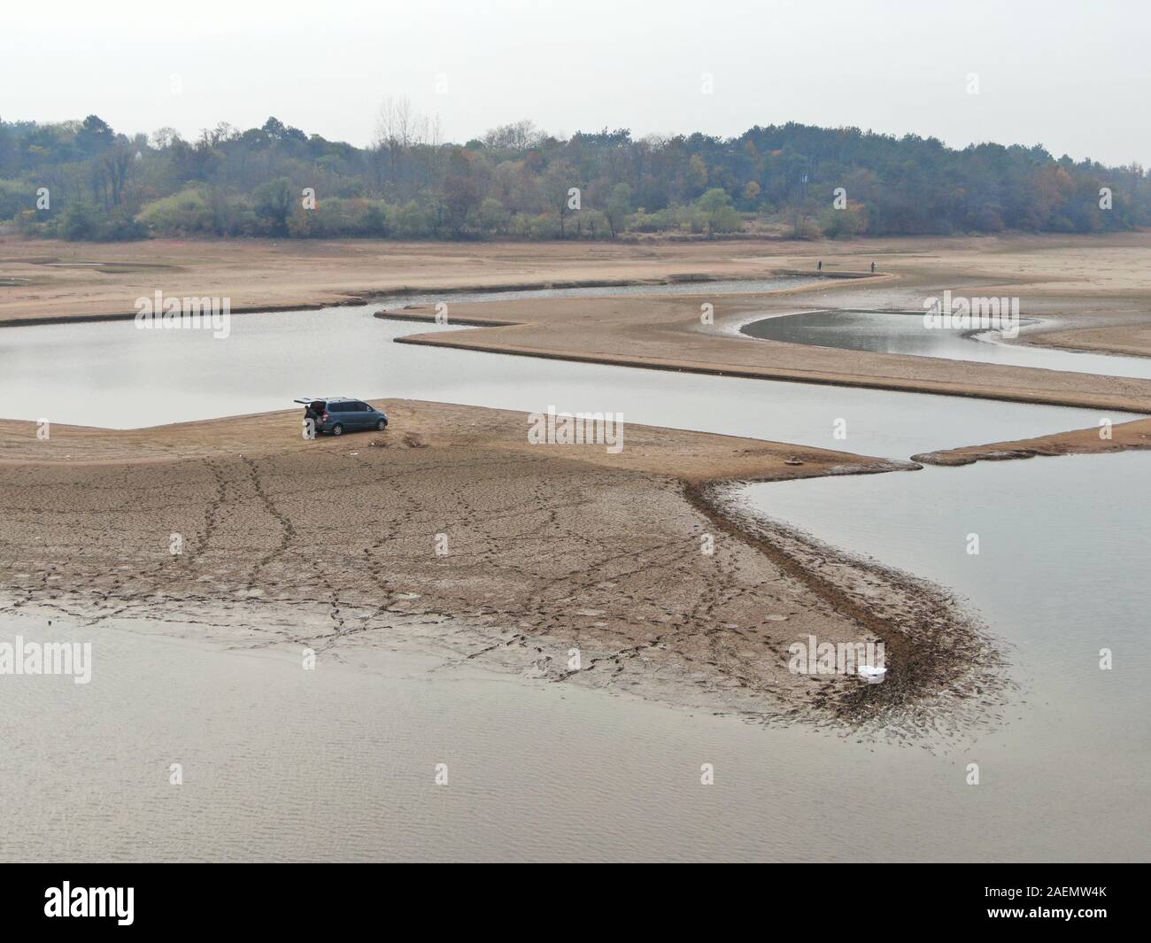 Aerial view of a drought-stricken reservoir dried up due to prolonged ...