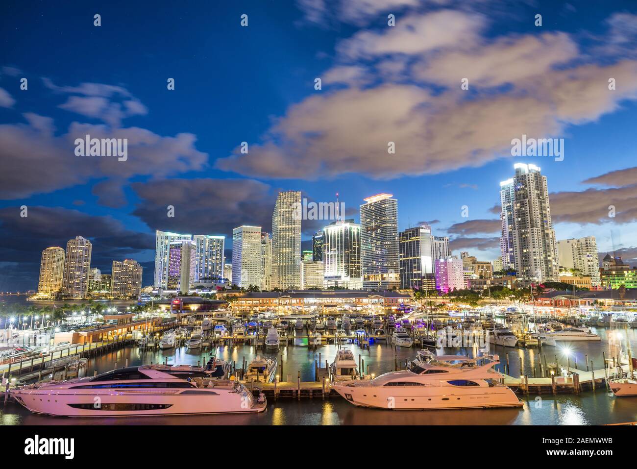 Miami at night. Amazing view of Downtown buildings from Port Boulevard ...