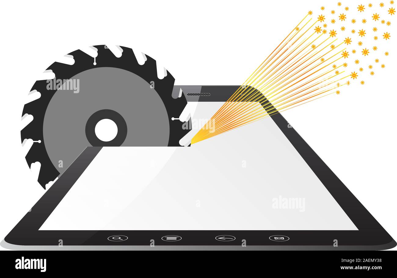 Tablet PC computer a saws circular saws isolated on white background ...