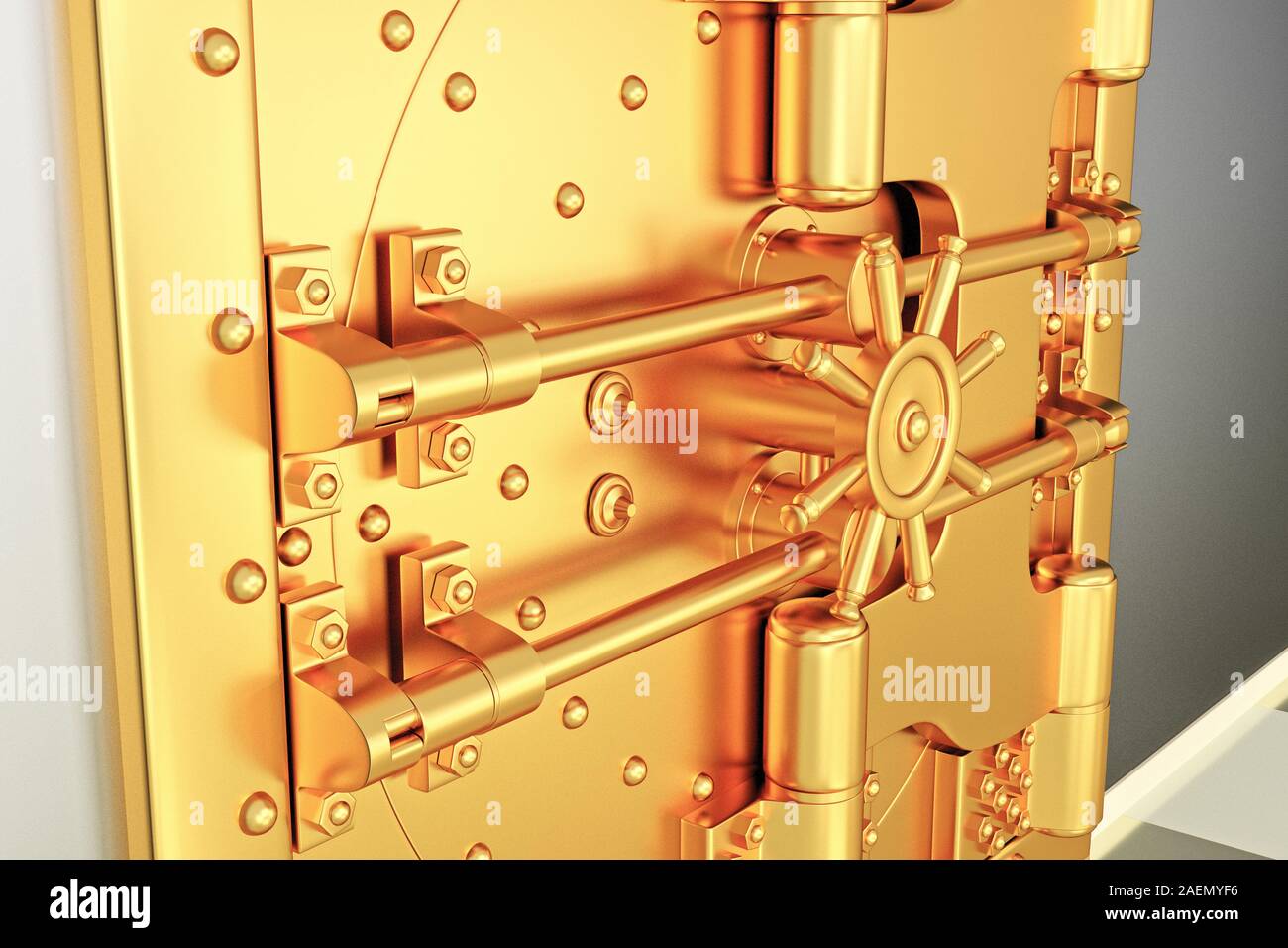 Front view of light gold bank vault door, closed. The door to the bank ...