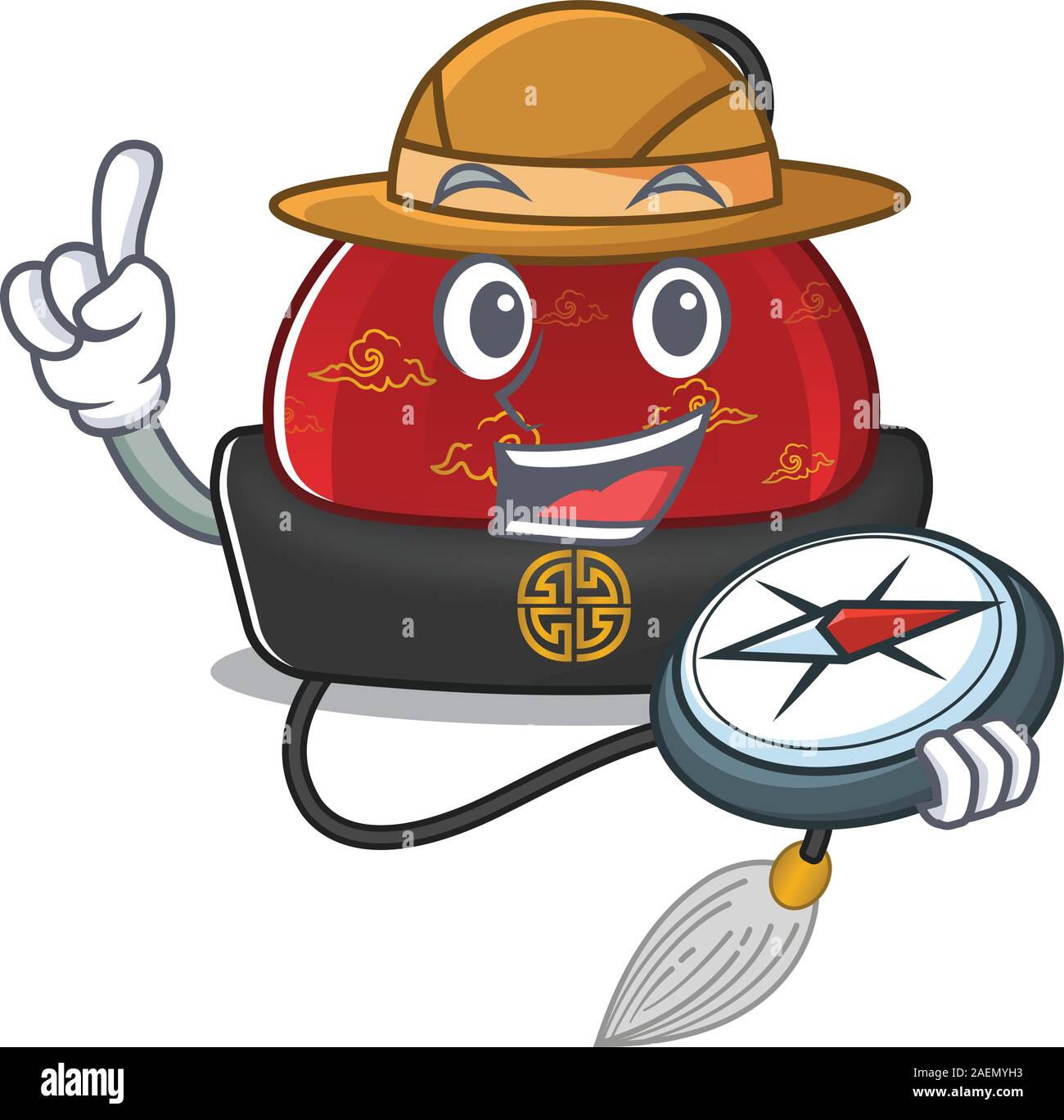 Explorer traditional chinese hat cartoon character holding a compass ...