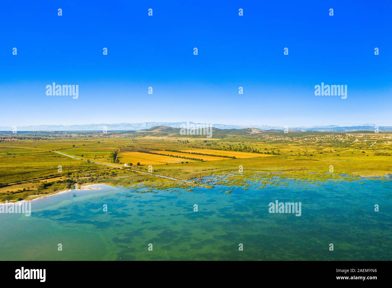 Aerial view of the beautiful ornithological nature park and Vrana lake ...
