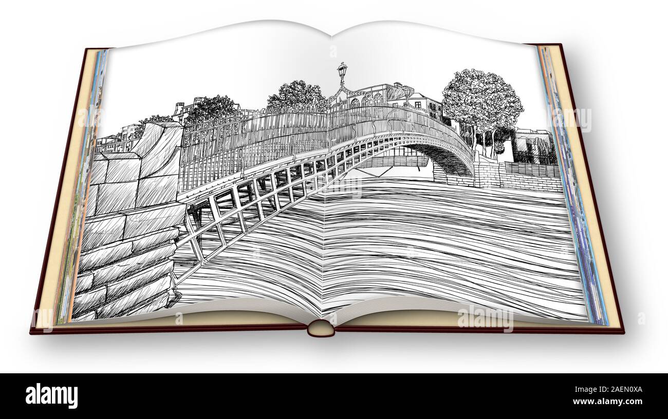 The most famous bridge in Dublin called "Half penny bridge" - freehand ...