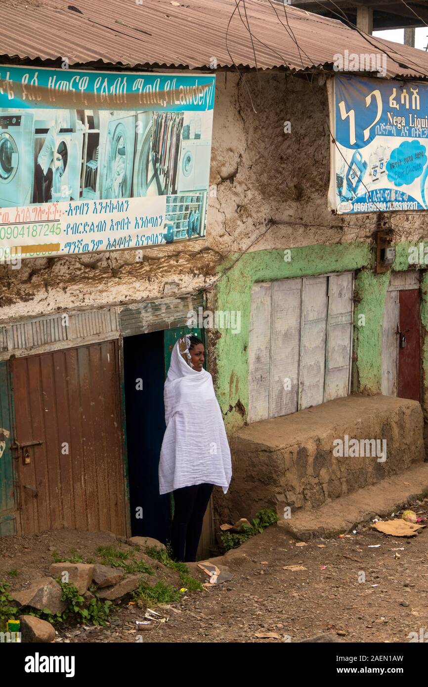 Ethiopia, Amhara Region, Debark, town centre, woman wearing Netel white ...