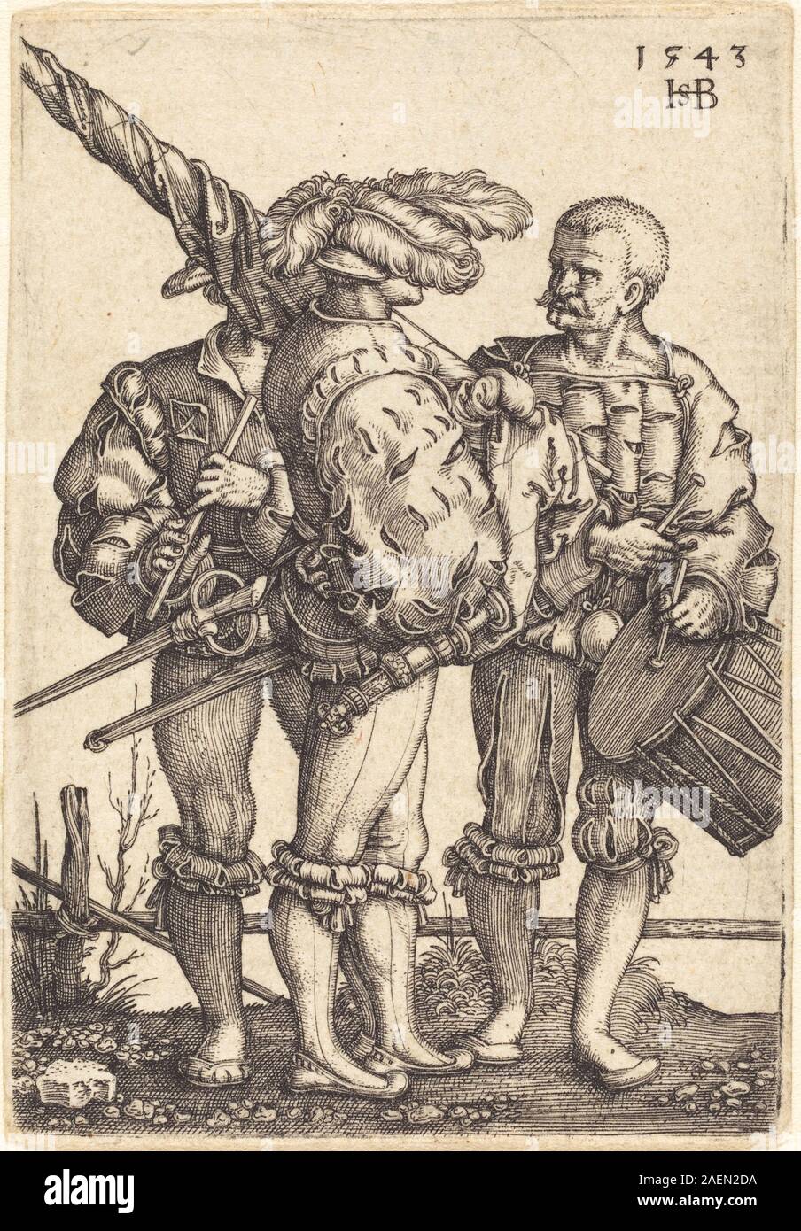 This 1543 print by Sebald Beham depicts a standard bearer accompanied ...