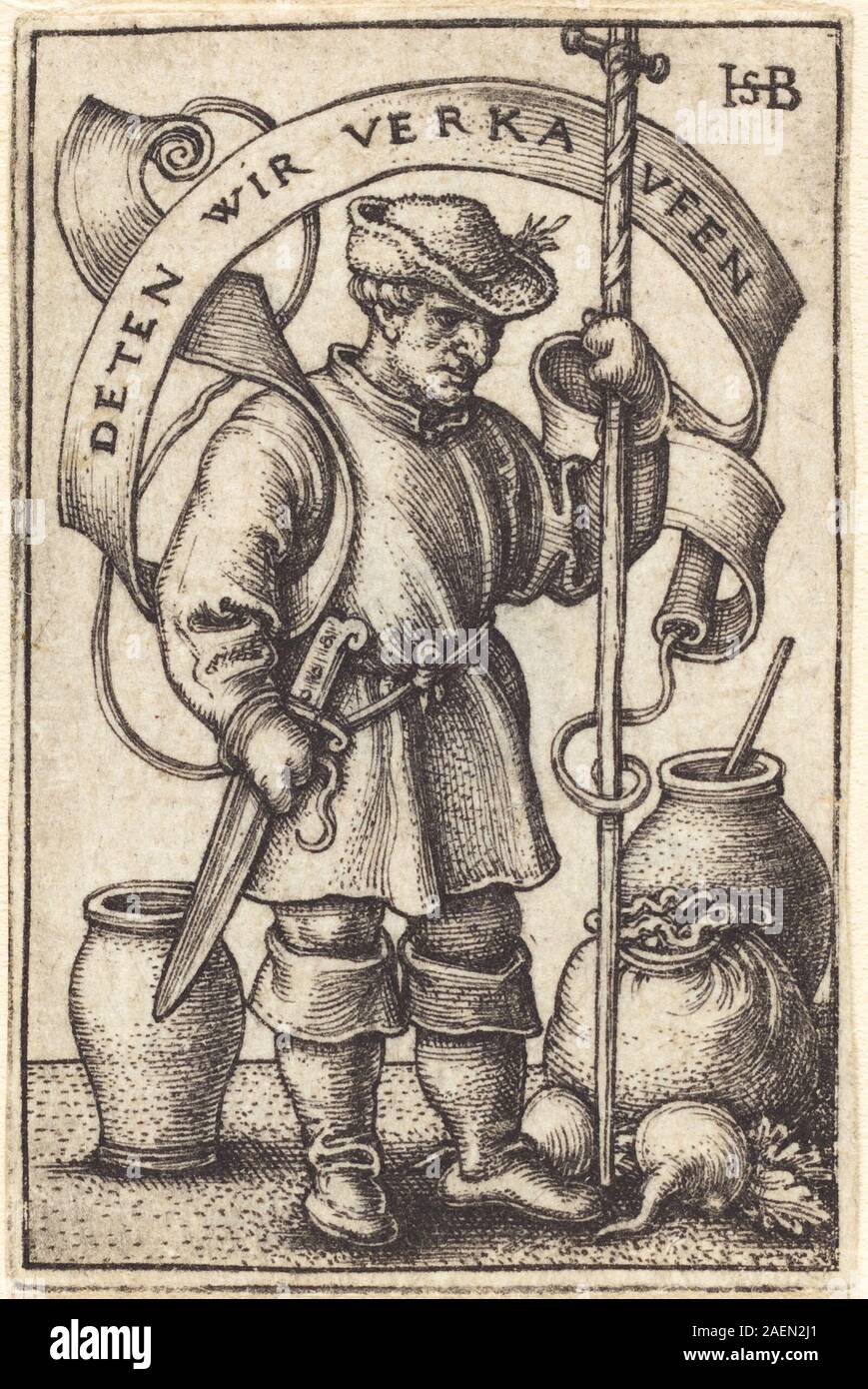 An engraving by Sebald Beham depicting a market peasant, showing a ...