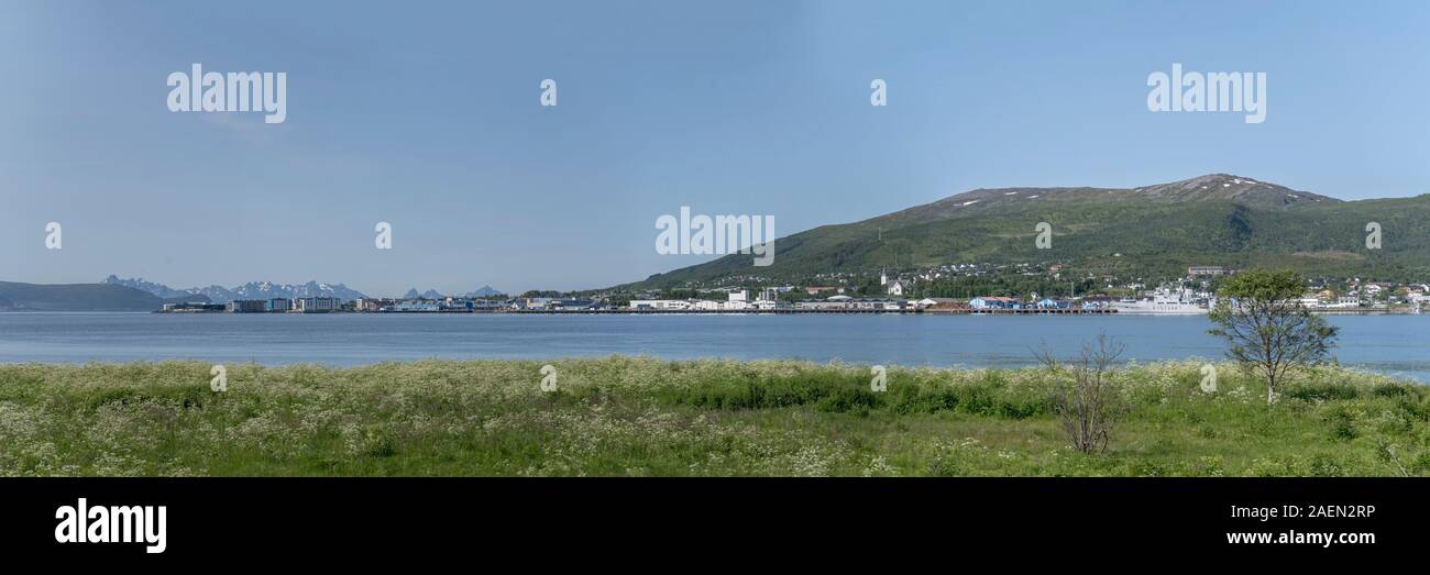 SORTLAND NORWAY July 09 2019: waterfront cityscape of little town with ...