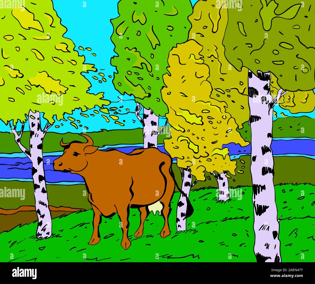 autumn sunny landscape with forest river and cow - vector illustration ...