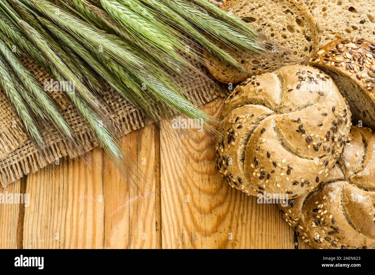 Crispy buns or bread rolls, baking concept, overhead Stock Photo - Alamy