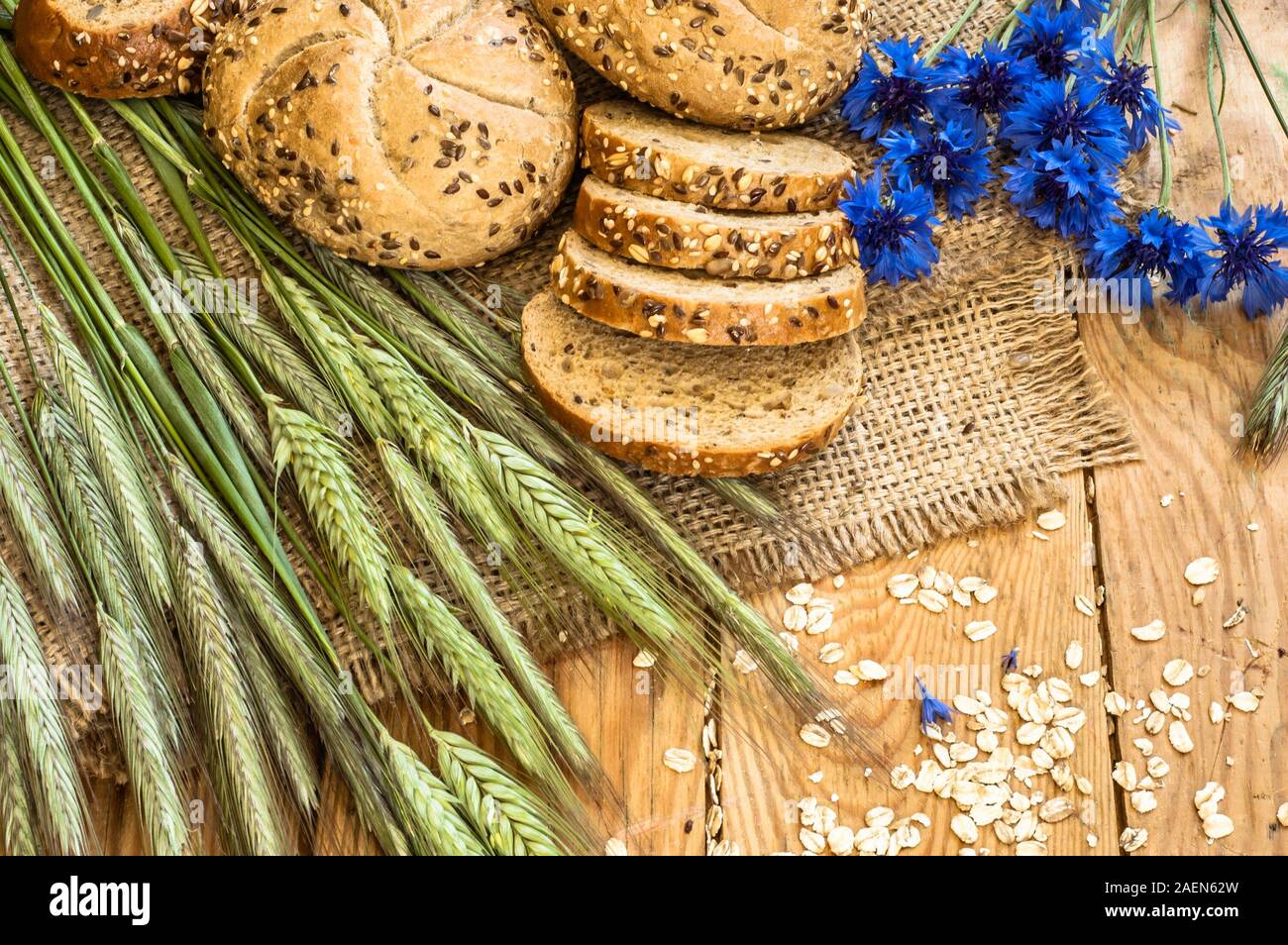 Crispy buns or bread rolls, baking concept, overhead Stock Photo - Alamy