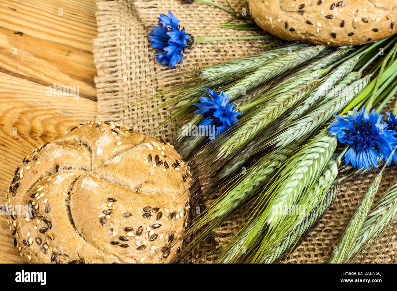 Crispy buns or bread rolls, baking concept, overhead Stock Photo - Alamy