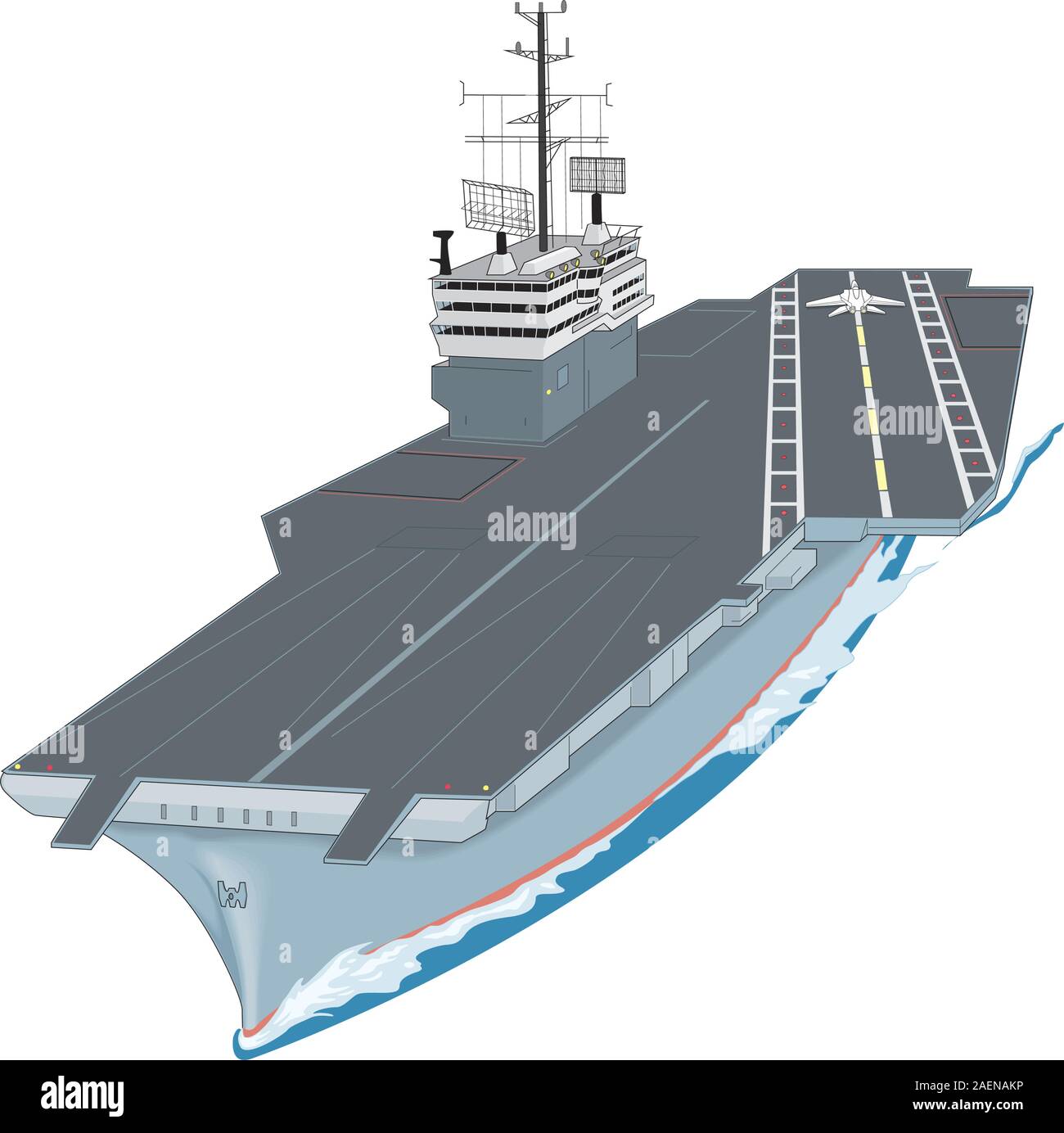 Aircraft carrier floating on waves with plane flying up from it a ...