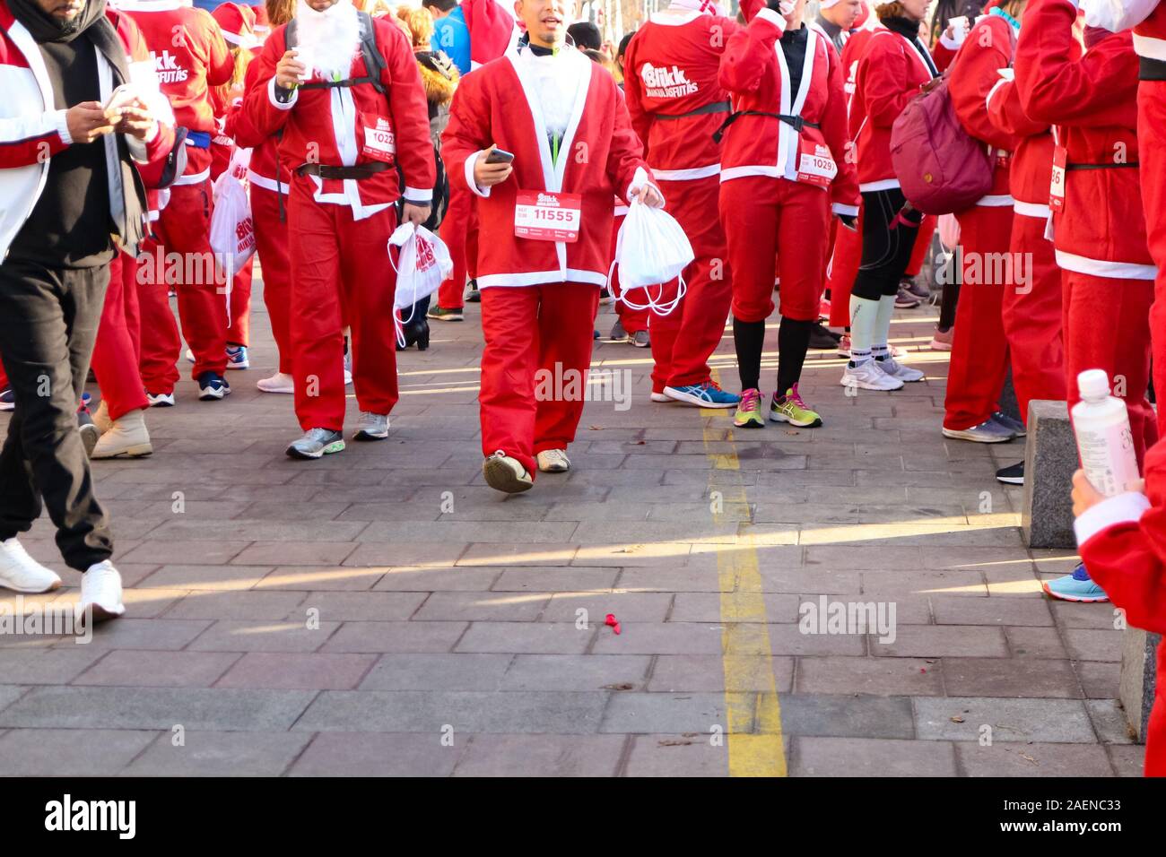 Budapest, Hungary - December 8, 2019: Participants in Santa Clause ...