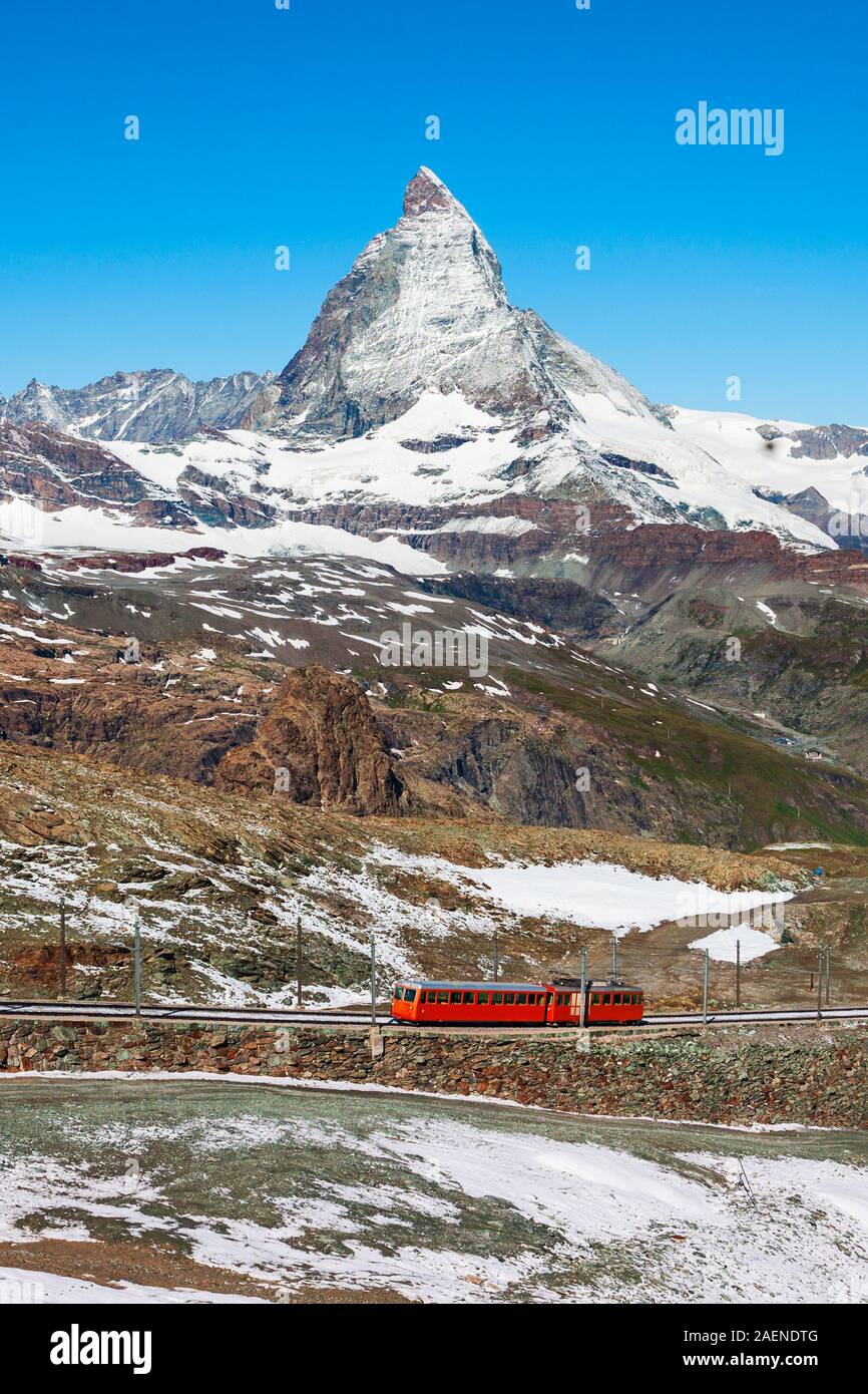 Train near the Gornergrat Bahn Railway, a mountain rack railway near ...