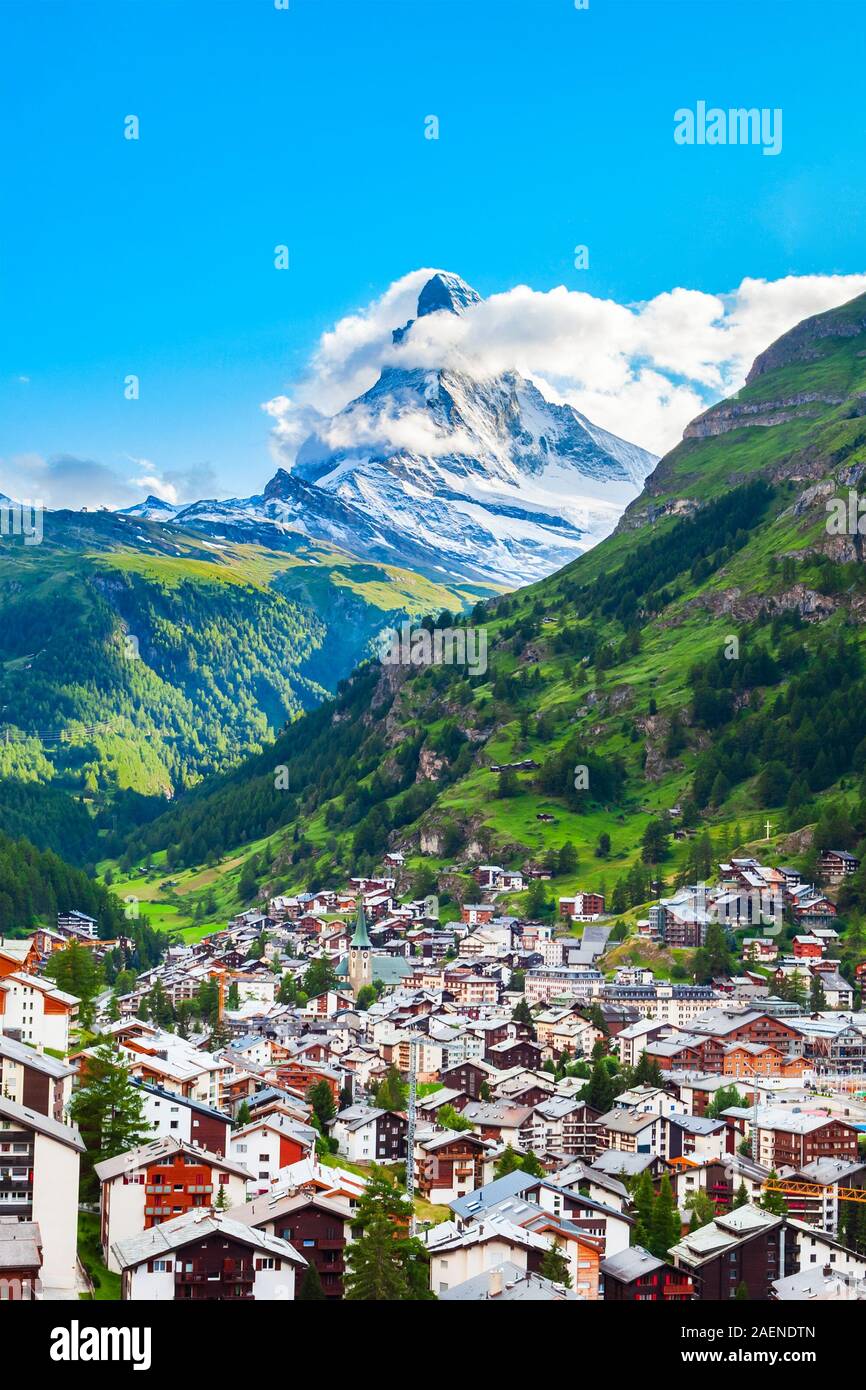 Zermatt town and Matterhorn mountain aerial panoramic view in the ...