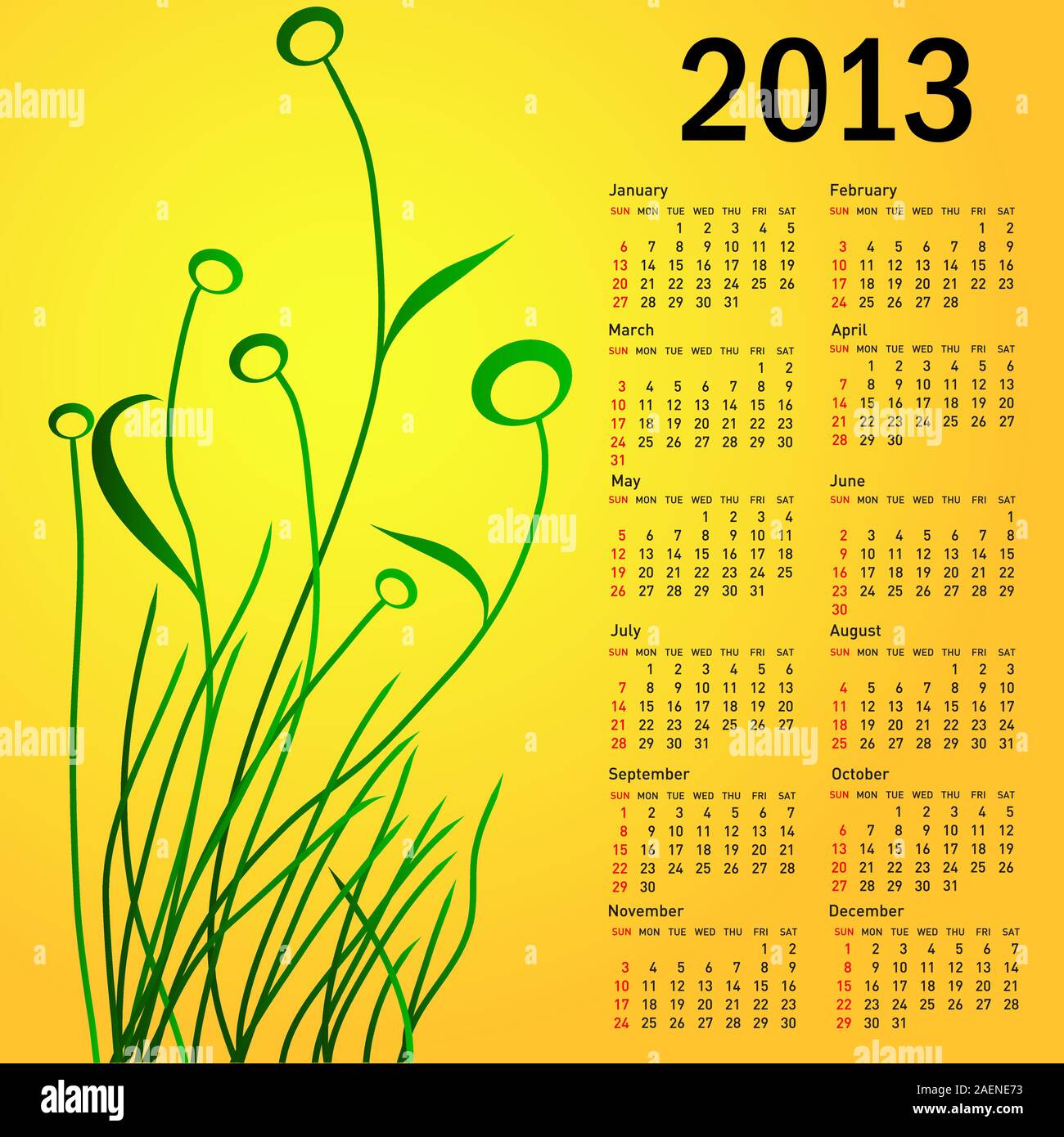 Stylish calendar with flowers for 2013. Week starts on Sunday Stock ...