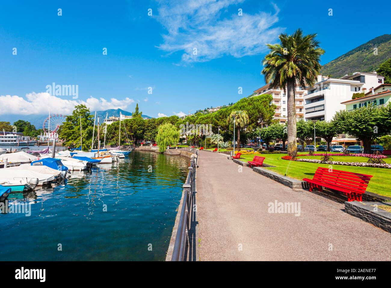 Waterfront promenade in Locarno. Locarno is a town located on the shore ...